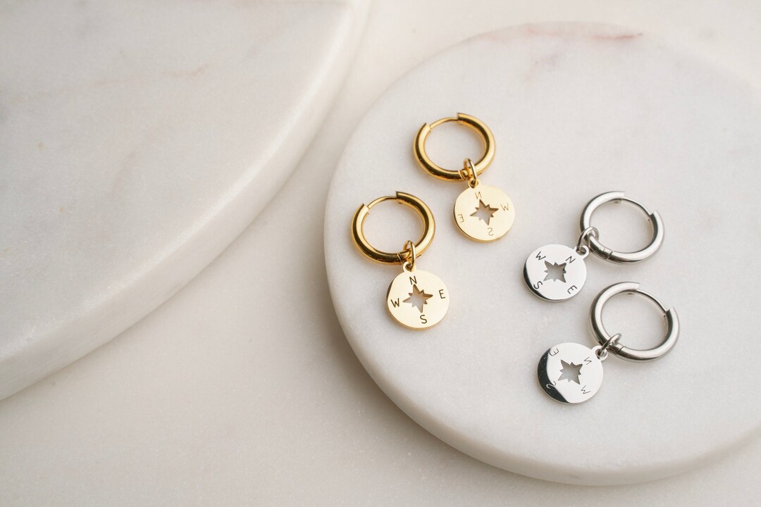 DESTINY Compass Hoop Earrings, Hoop Earrings With Charm, Stainless ...