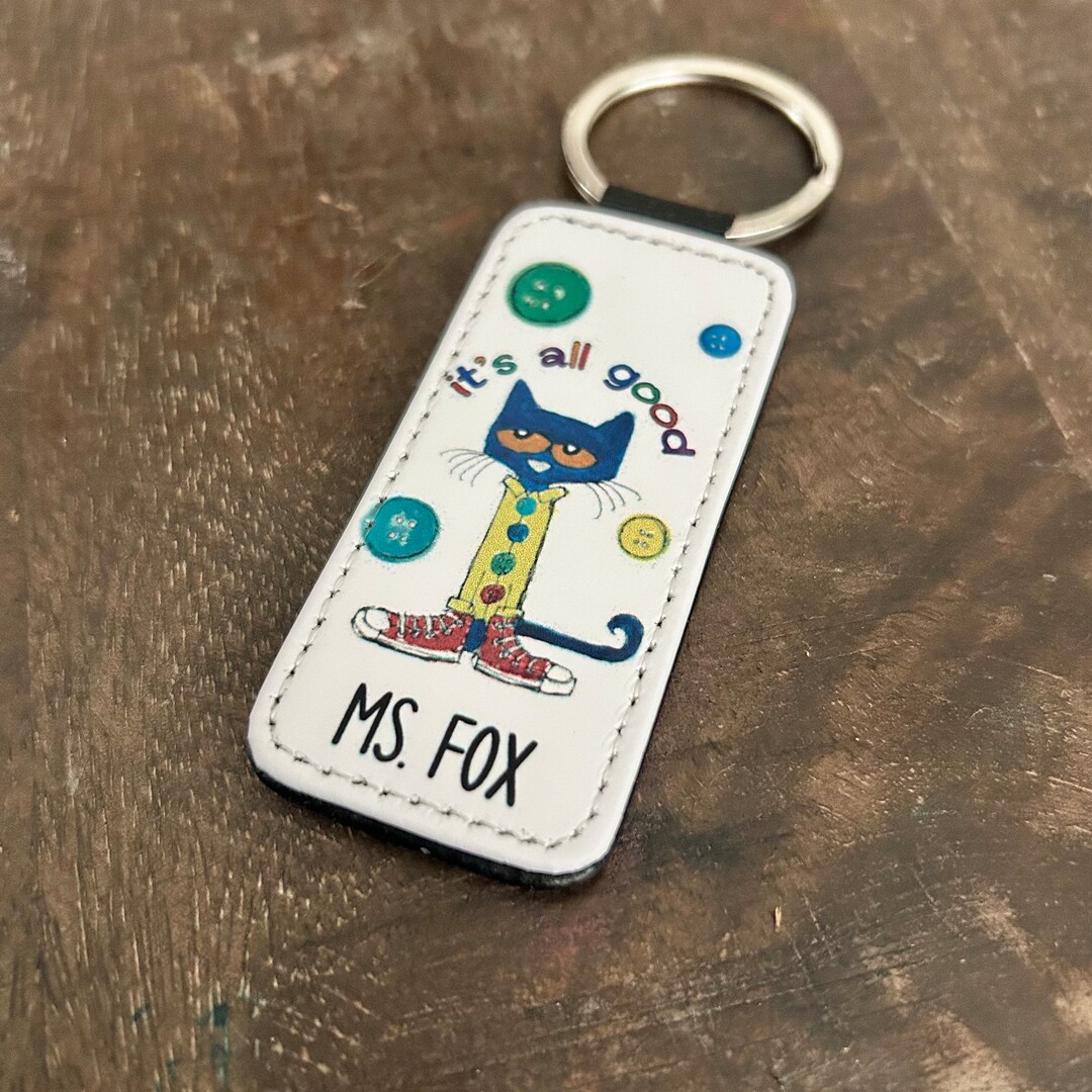 Personalized Pete the Cat Leather Keychain, Teacher Keychain, Vegan ...
