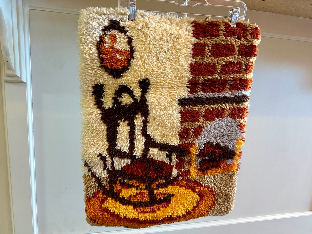 Vintage Chair by Fireplace Latch Hook Wall Hanging, MCM Latch Hook Wall ...