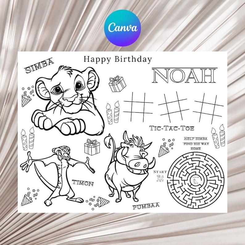 Lion King, Simba Birthday Party Activity and Coloring Sheet Canva ...