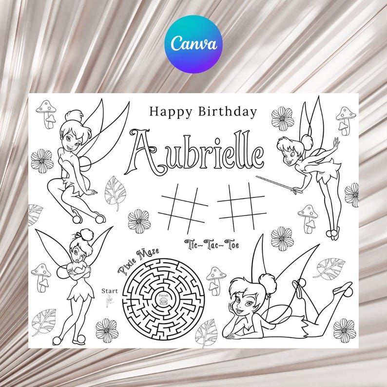 Tinkerbell Birthday Party Activity and Coloring Sheet Canva Template - Etsy