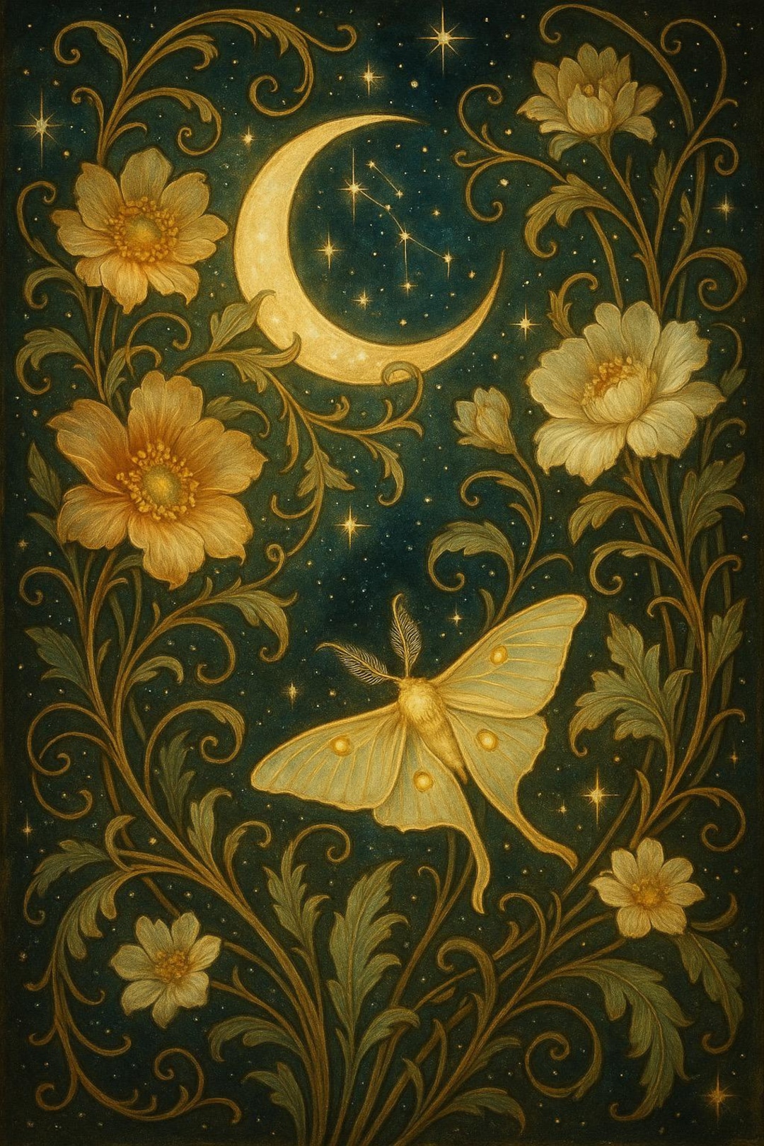 Celestial Floral Art Print | Moon and Moth Digital Download | Art ...