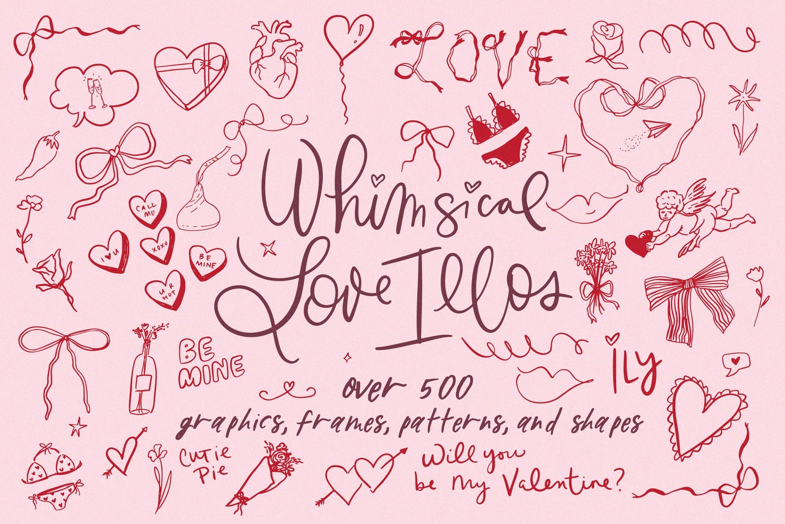 Valentine's Hand Drawn Clipart + Seamless Patterns | 500 Vector Love ...