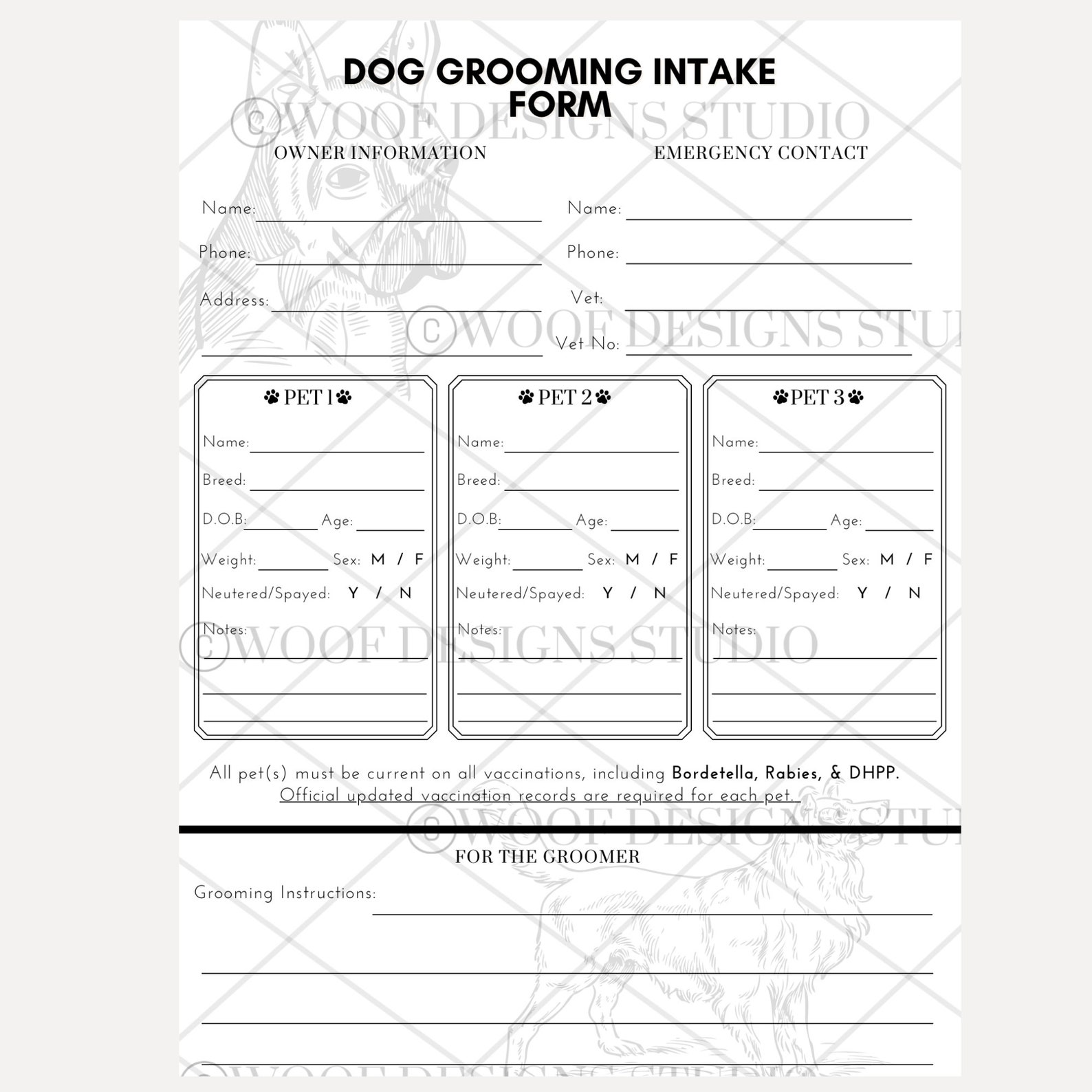 Minimalistic Dog Grooming Intake Form | Dog Grooming Forms | 8.5 by 11 ...