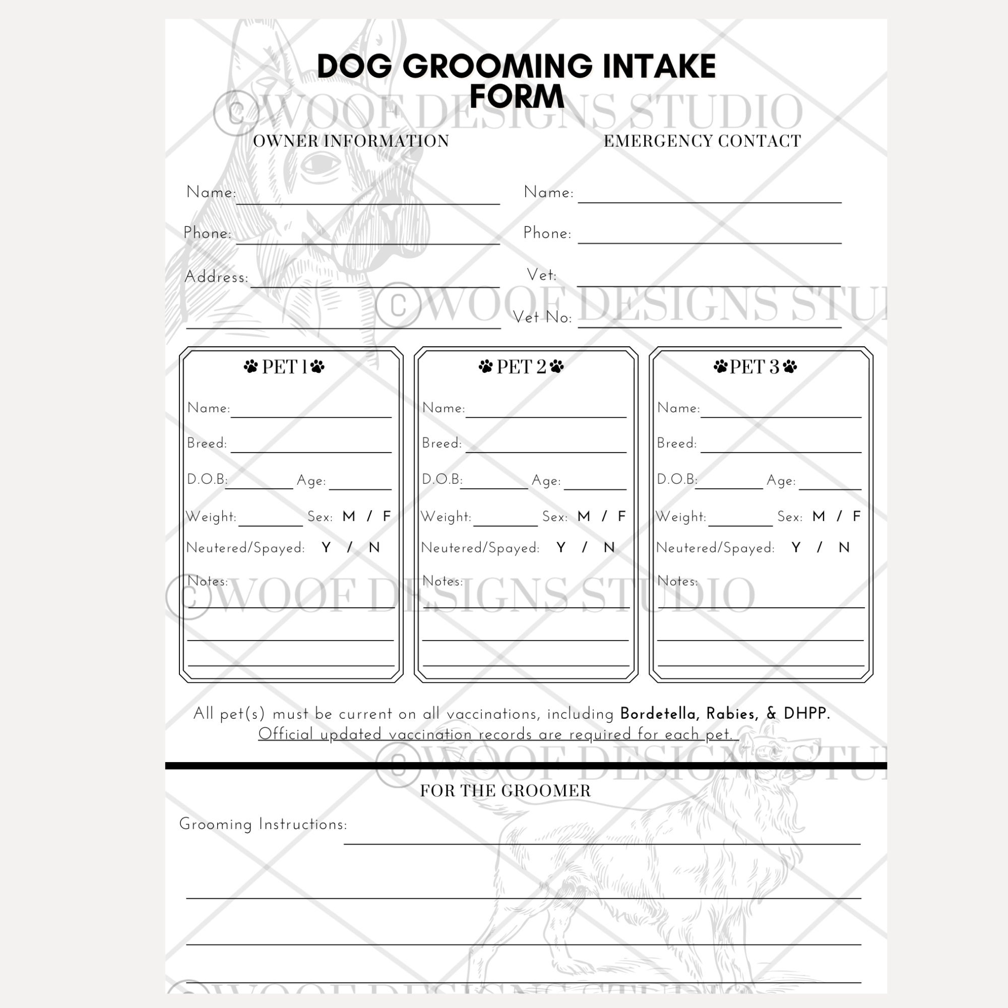 Minimalistic Dog Grooming Intake Form | Dog Grooming Forms | 8.5 by 11 ...