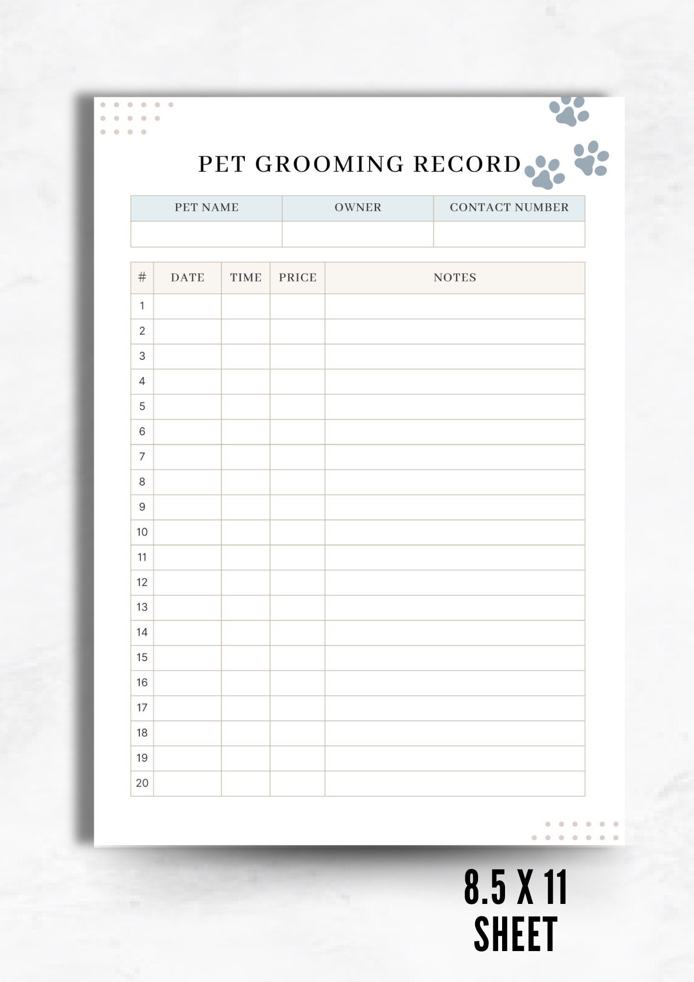 Dog Grooming Record Sheet | Printable Groomer Notes (PDF) - Etsy