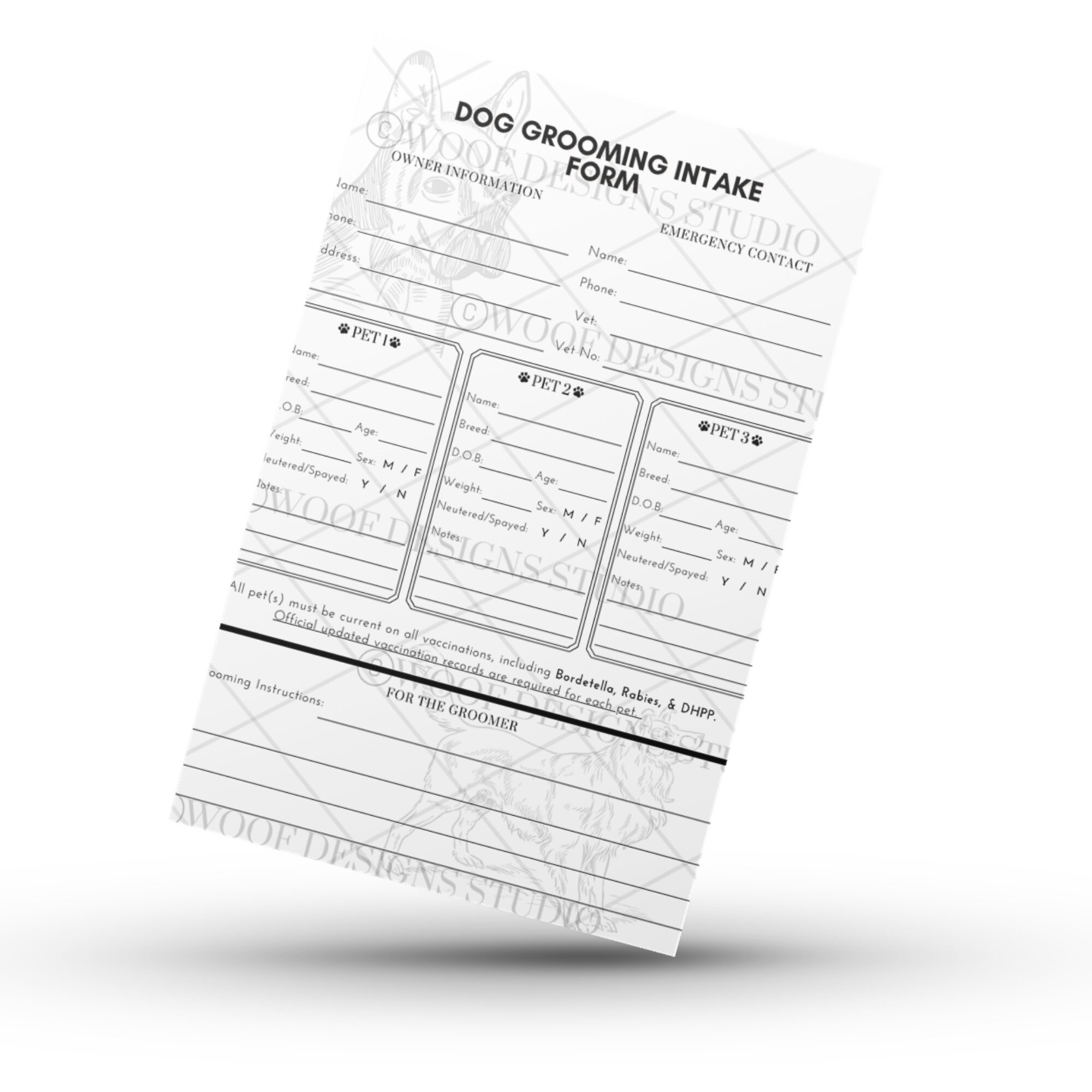 Minimalistic Dog Grooming Intake Form | Dog Grooming Forms | 8.5 by 11 ...