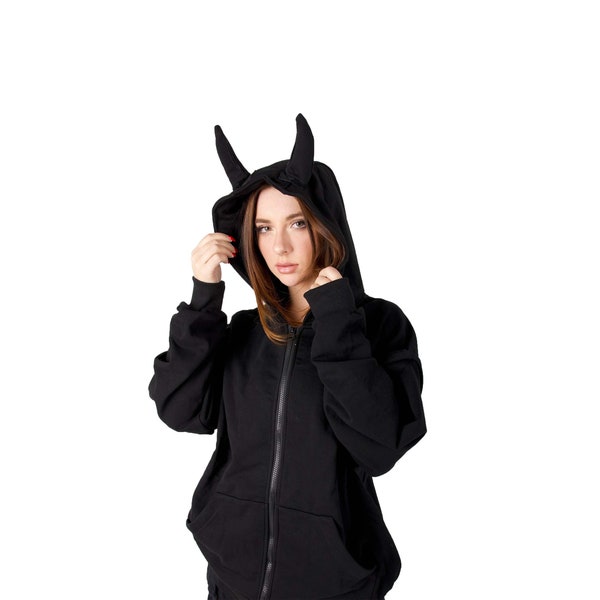 Black Devil Horn Hoodie - Etsy