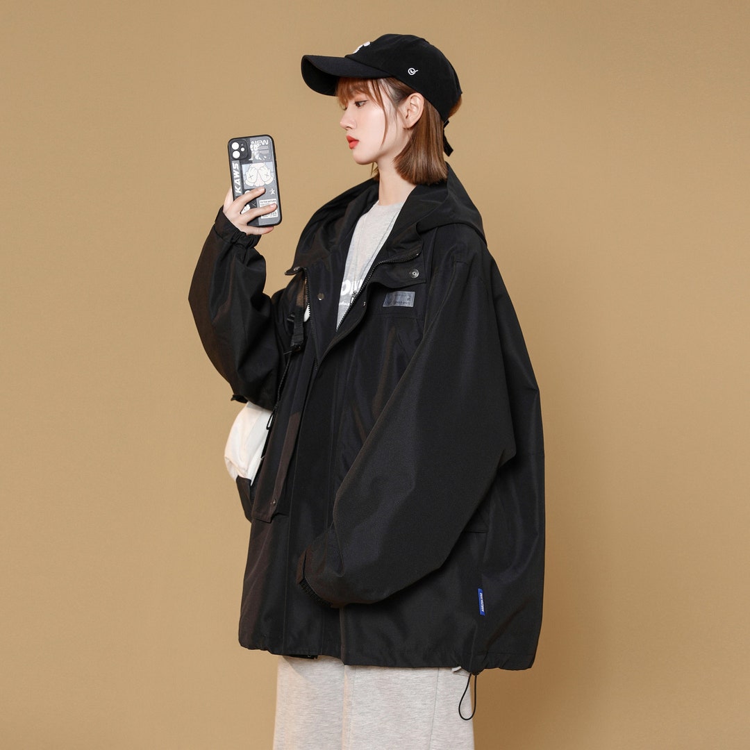Women's Black Windbreaker Mini Reflector Oversized Jacket With Hoodie ...