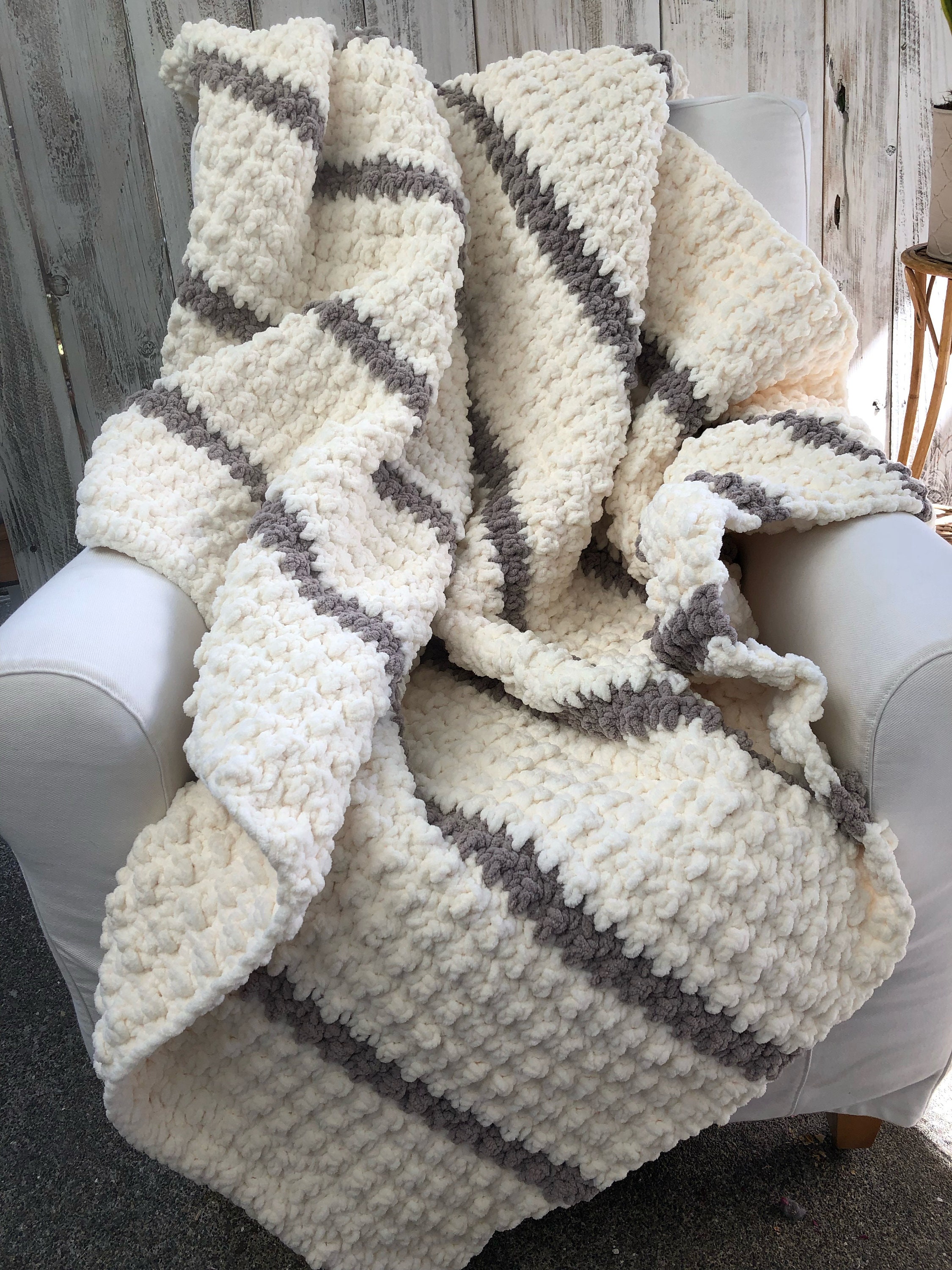 Chunky Crochet Blanket, Blanket, Gray, White, Cream, Afghan, Bedding ...