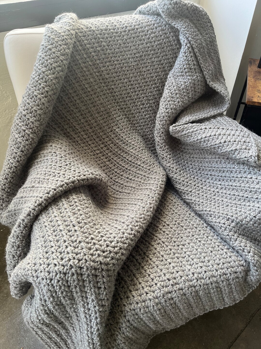 Chunky Crochet Blanket, Throw, Afghan, Grey, Bedding, Handmade Blanket ...