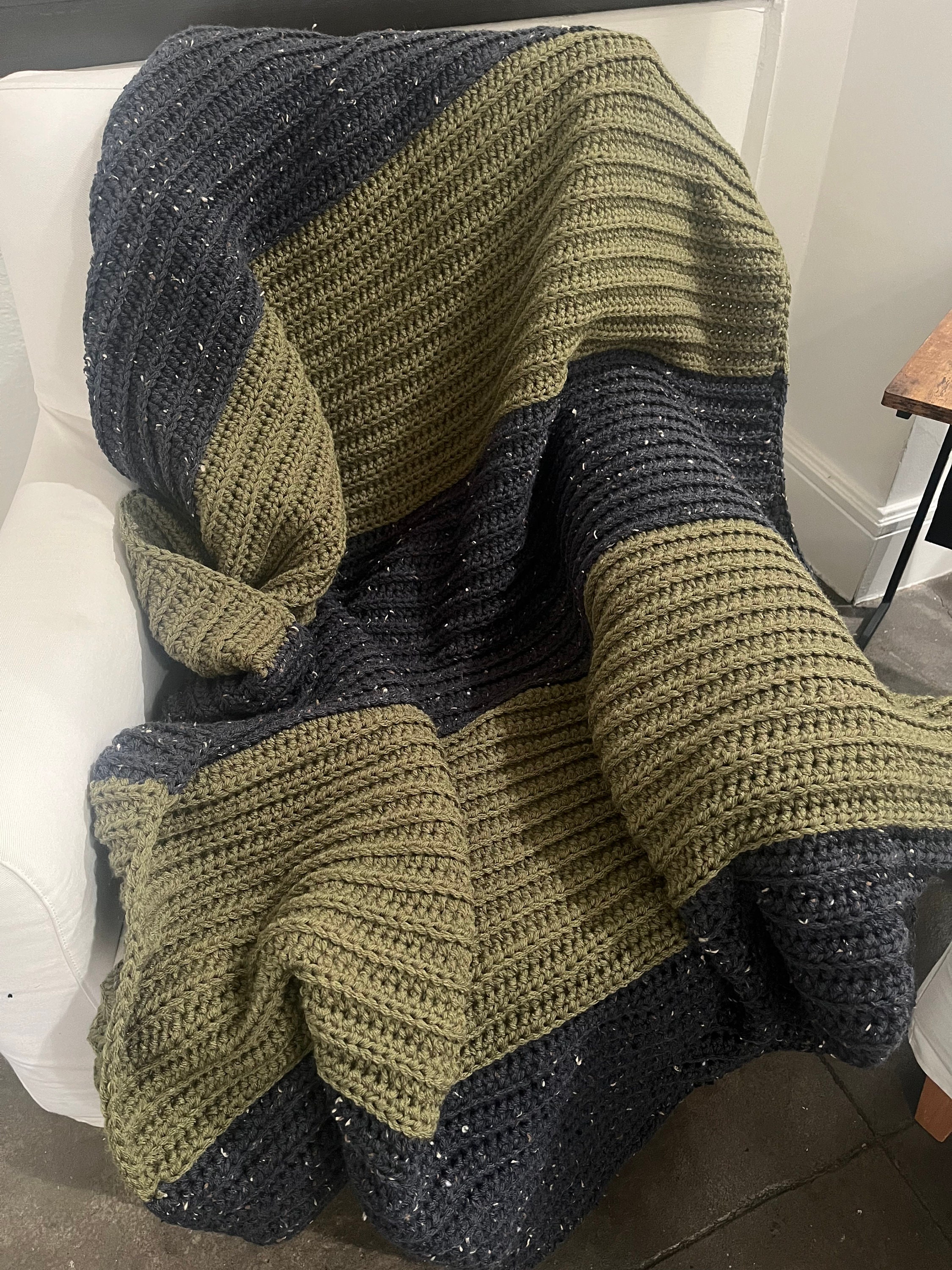 Crochet Blanket, Throw, Large Afghan, Navy Tweed, Olive Green, Bedding ...