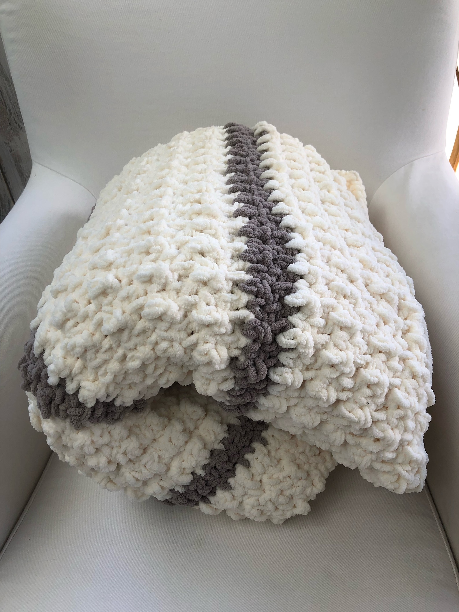 Chunky Crochet Blanket, Blanket, Gray, White, Cream, Afghan, Bedding ...