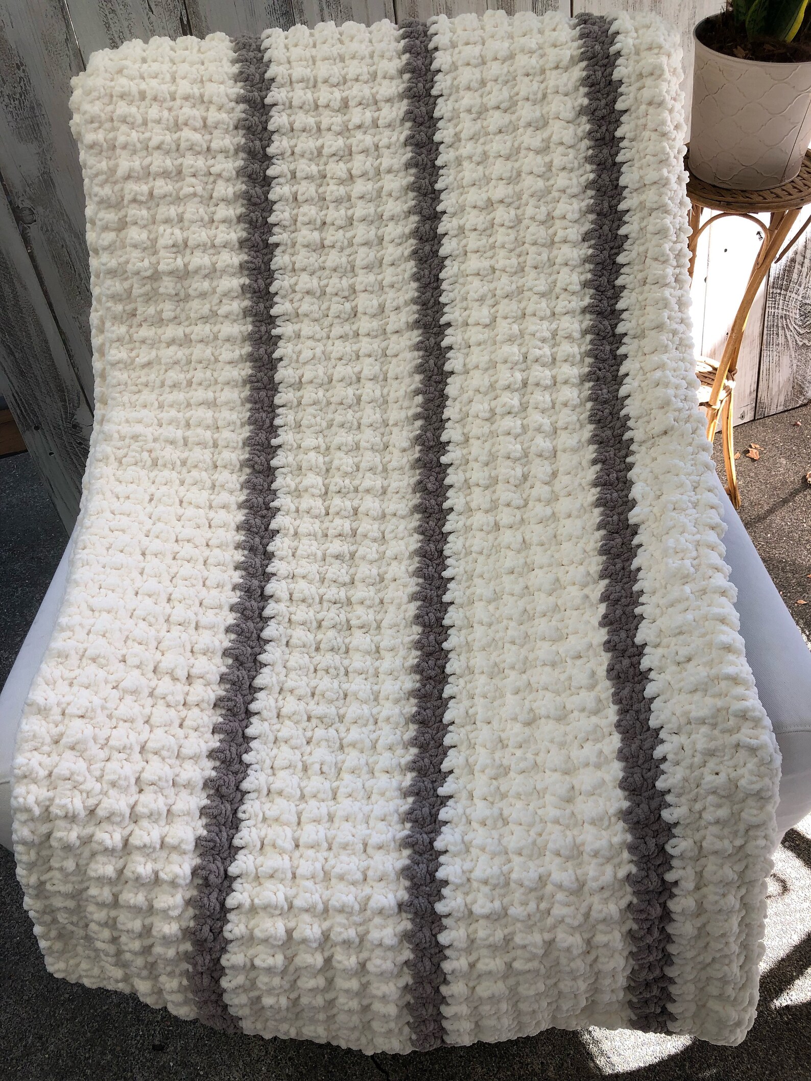 Chunky Crochet Blanket, Blanket, Gray, White, Cream, Afghan, Bedding ...