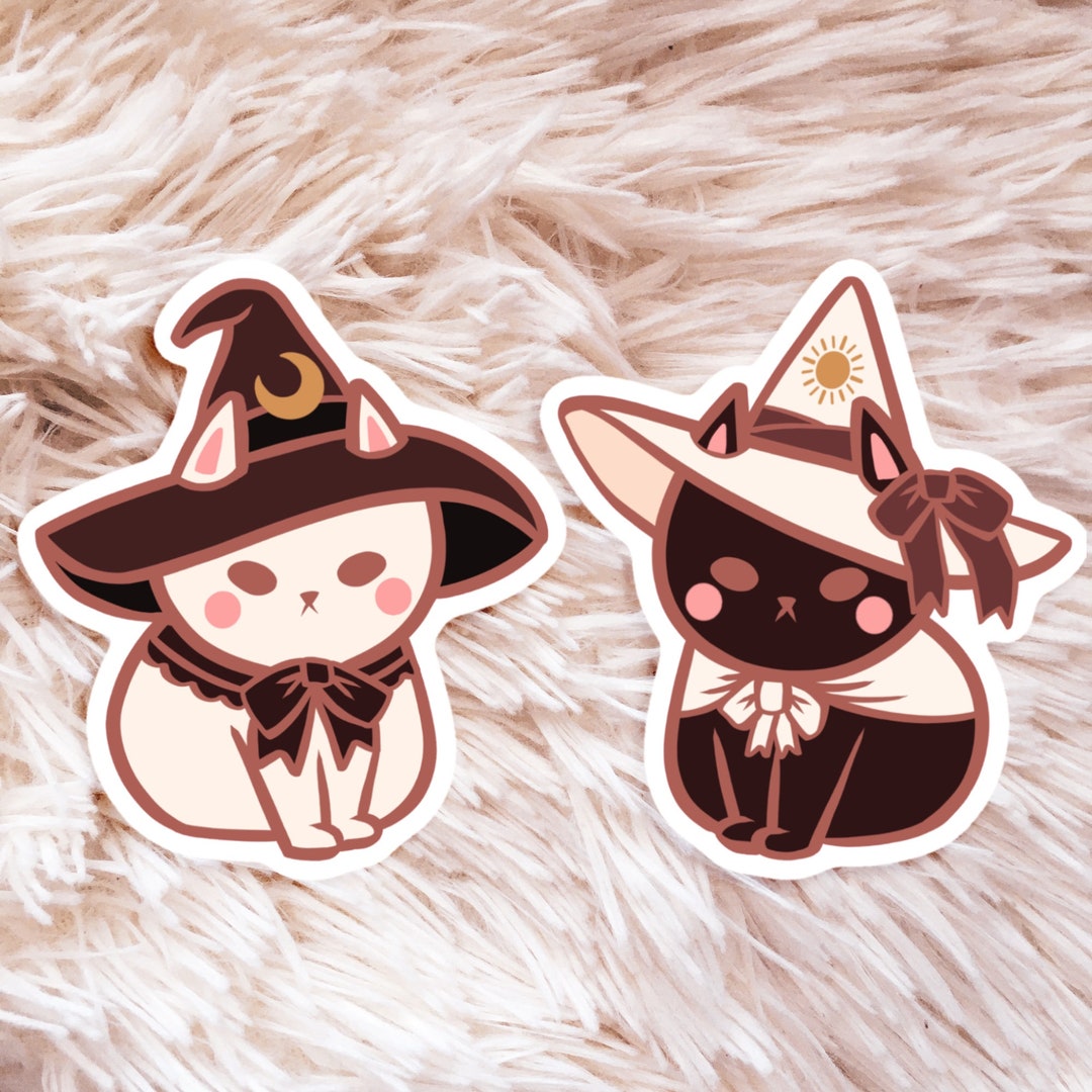 Moon & Sun Cat Witch Stickers - Cute Halloween Art - Witchy Art - Black ...