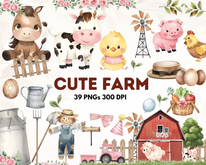 Watercolor Farm Animals Clipart: 39 PNG Images (digital Download ...