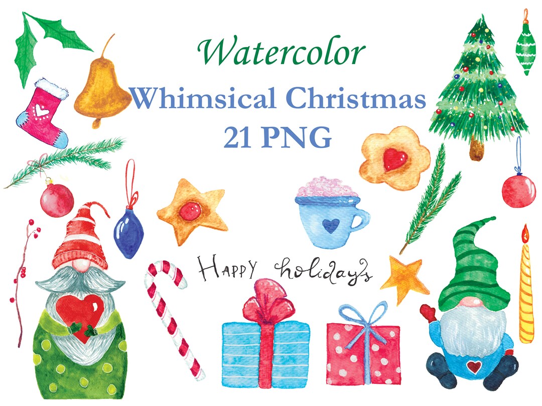 Whimsical Christmas Clipart, Watercolor Christmas Lllustration, Hand ...