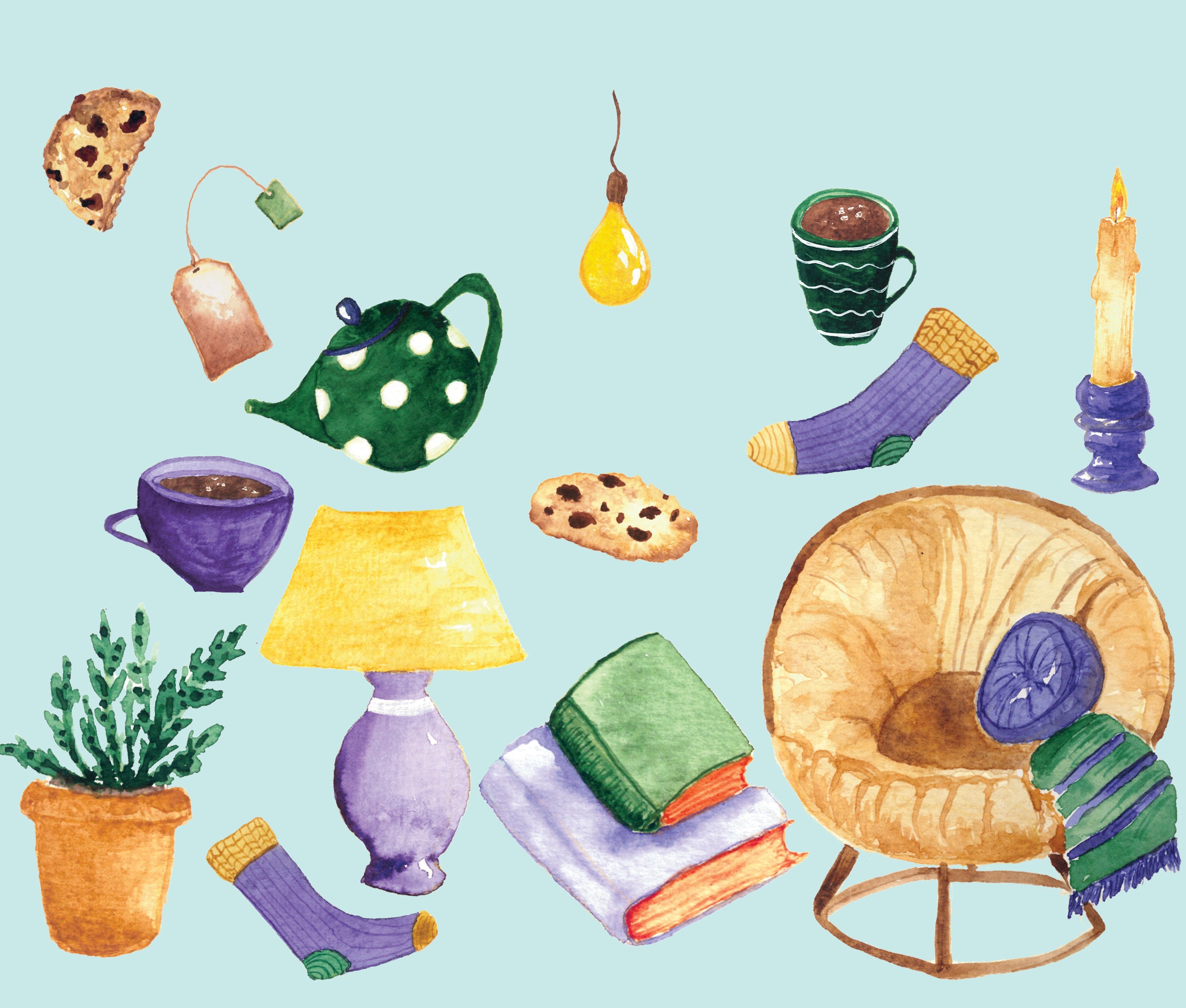 Cozy Home Clipart, Watercolor Hygge Lllustration, Hand Painted PNG ...