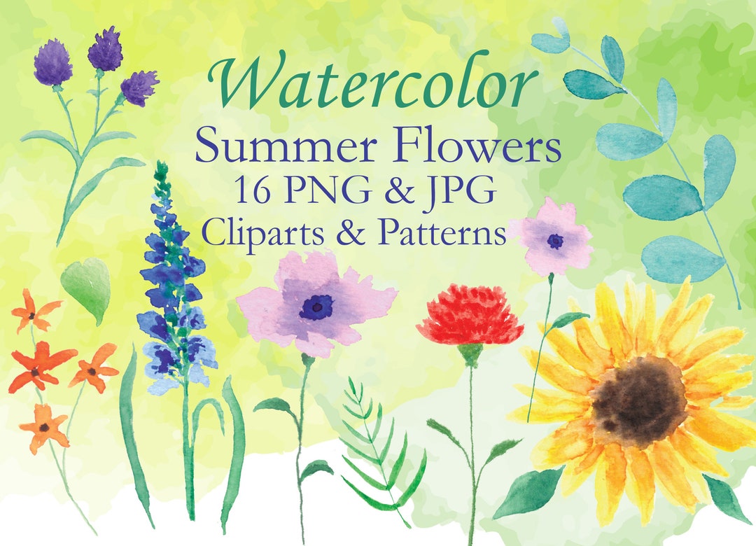 Watercolor Summer Flowers Clipart Greenery Clipart Watercolor Foliage ...