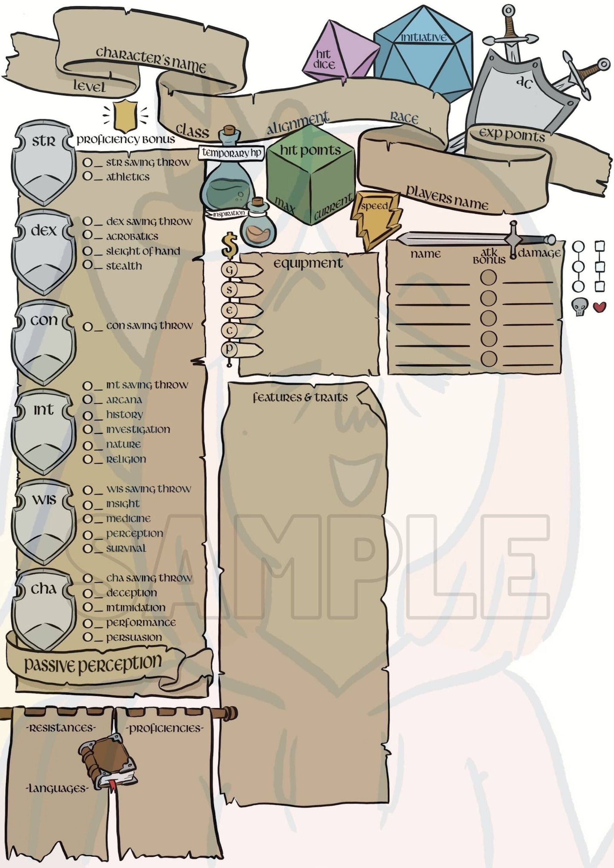 D&D Character Sheet Custom Character Sheets Printable in Black and ...