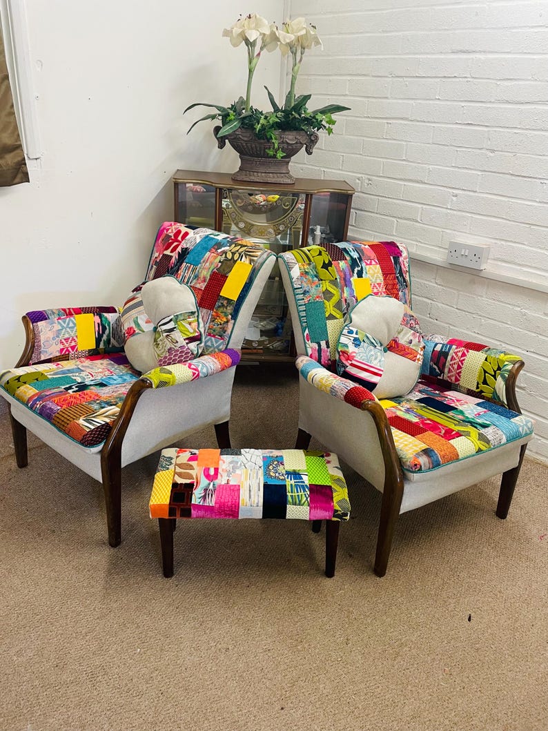 2 Parker Knoll Chairs and Footstool Newly Reupholstered in Patchwork Design - Etsy UK