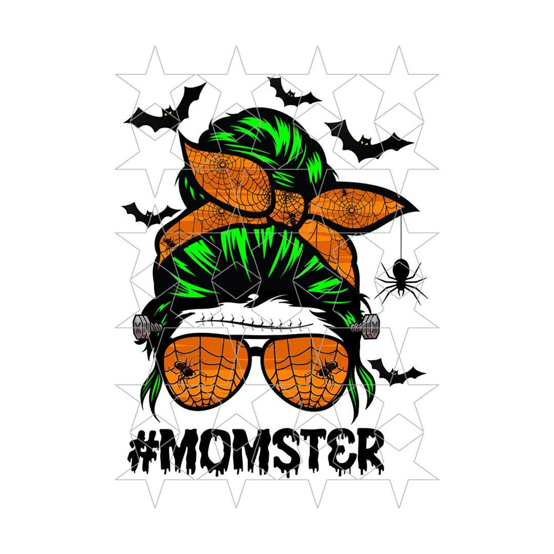 Momster Halloween Frankenstein Bats Spider Web Skull Print Mom Messy ...