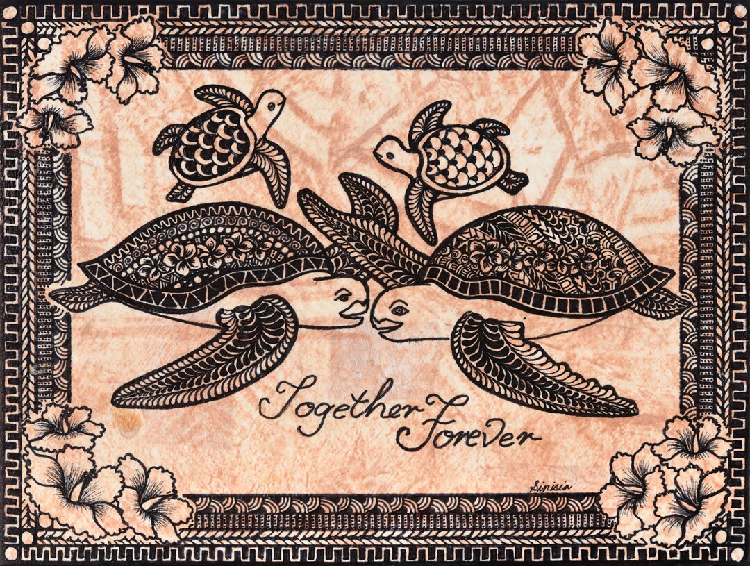 Tapa Cloth Painting of 4 Turtles With Hibiscus at the Corners and ...