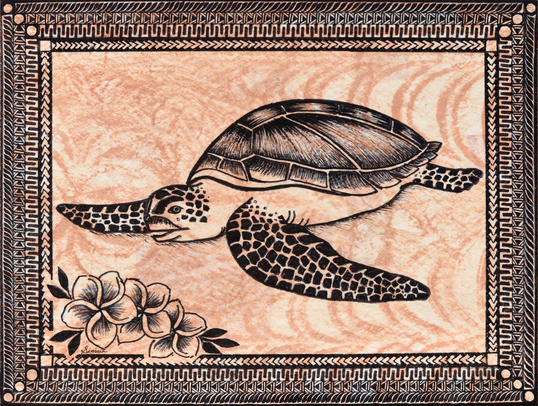 Tapa Cloth Painting of a Turtle With Plumeria Flowers in One Corner. - Etsy
