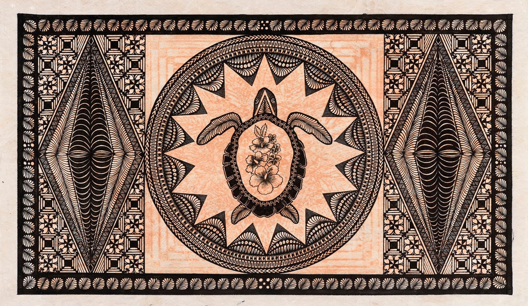 Tapa Cloth Painting of a Turtle Inside a Circle With Designs on Each ...
