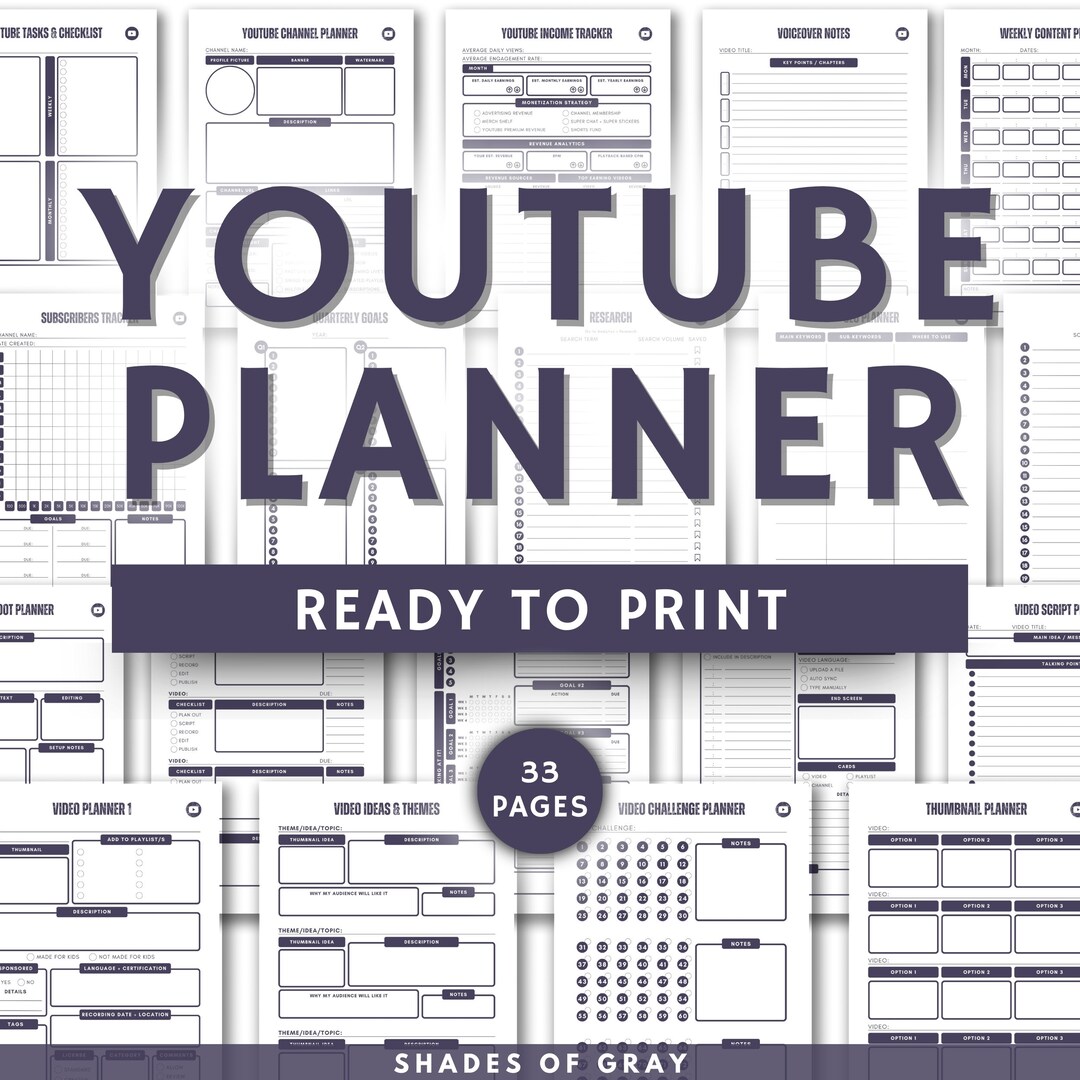 Youtube Planner, Youtube Content Planner Printable PDF, Social Media ...