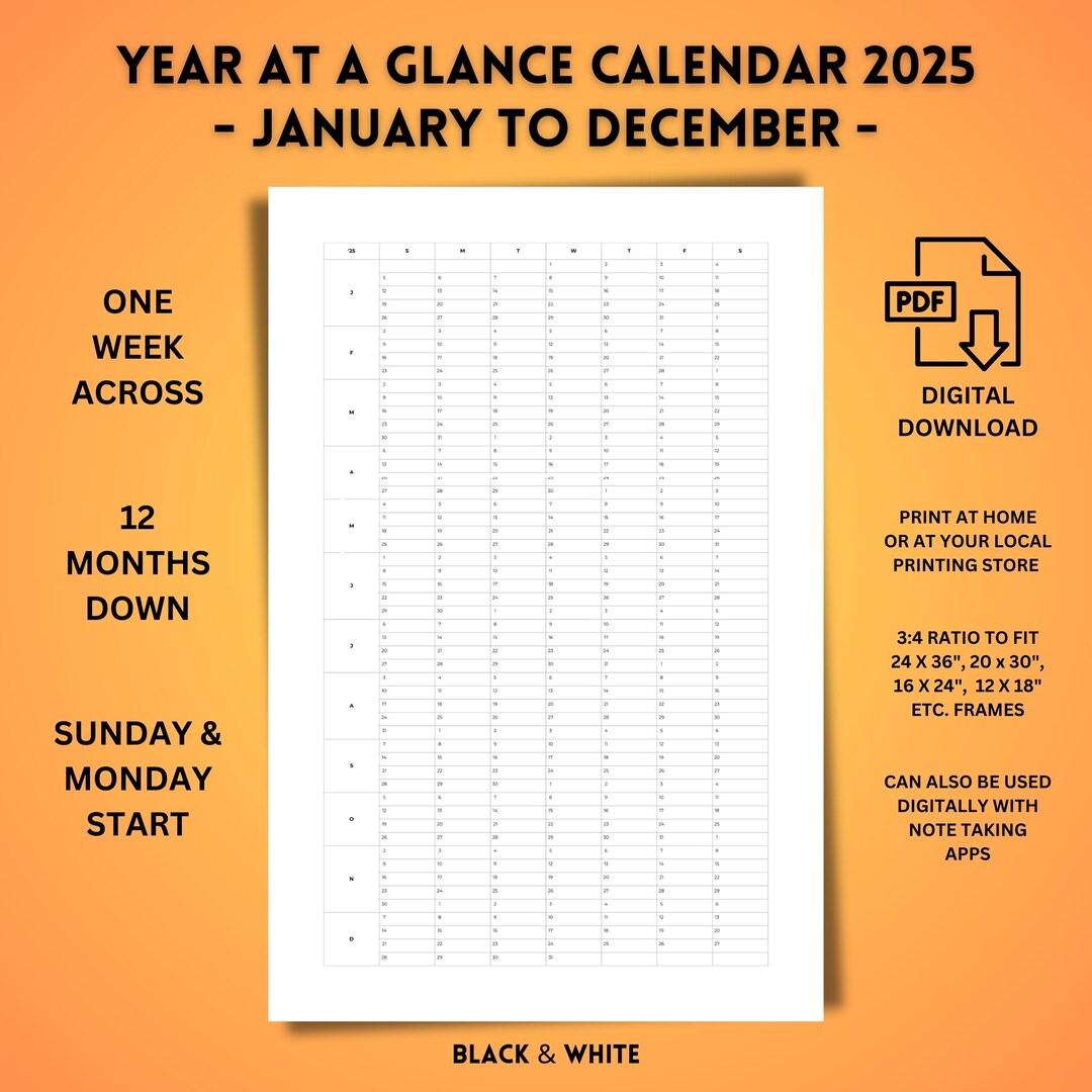 Year at A Glance, 2025 Full Year Calendar, Full Year Calendar Poster ...