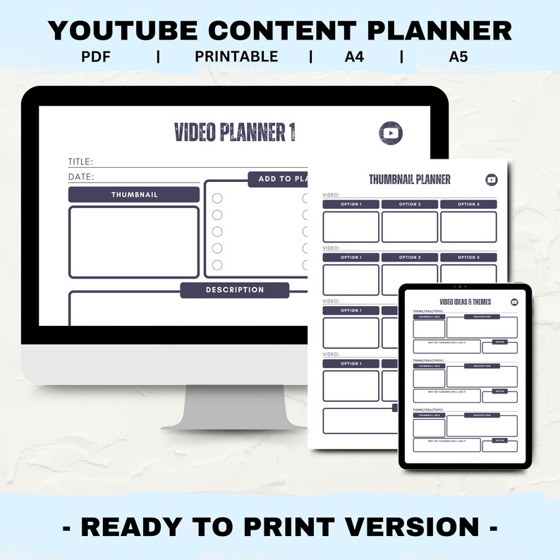 Youtube Planner, Youtube Content Planner Printable PDF, Social Media ...