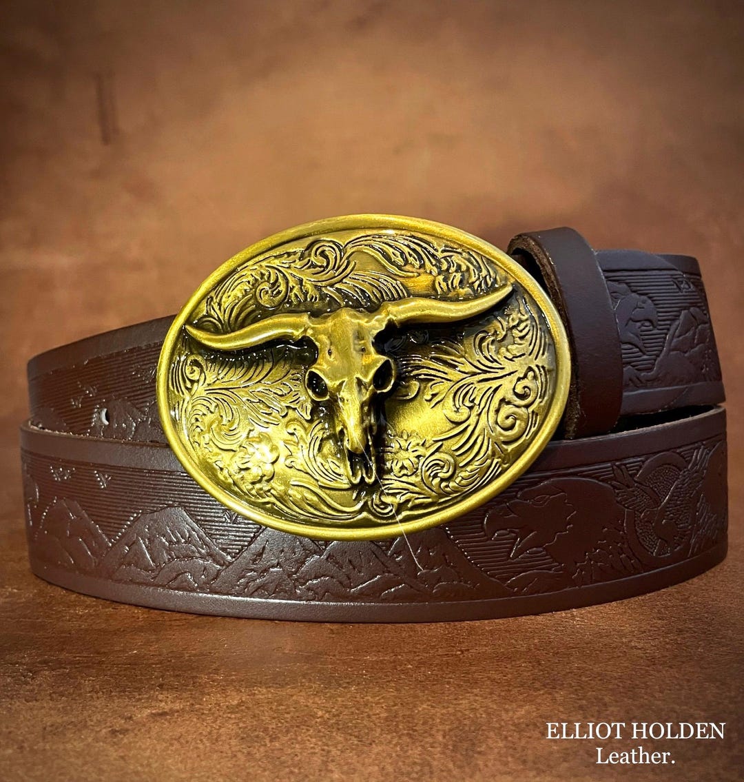 SOLID Leather Belt With Bull Head Buckle. Western Cowboy Style. - Etsy