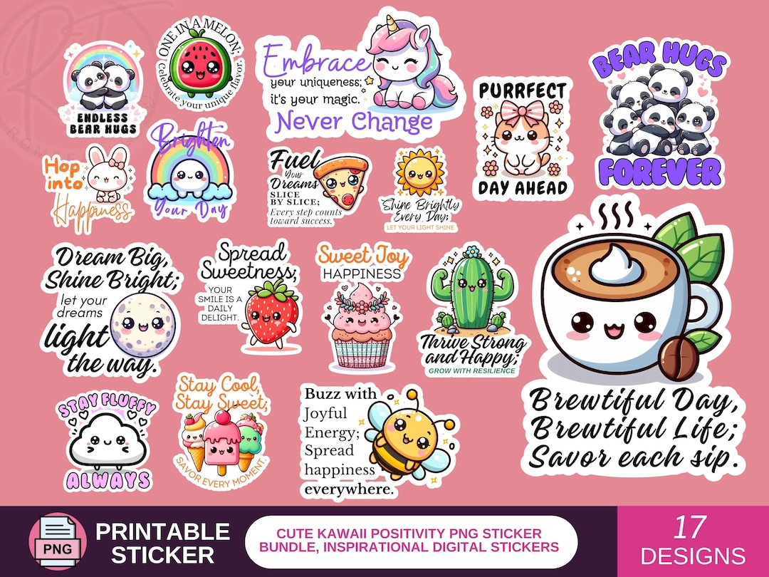 Cute Kawaii Stickers, Cute Sticker Bundle, Motivational Quote Stickers ...