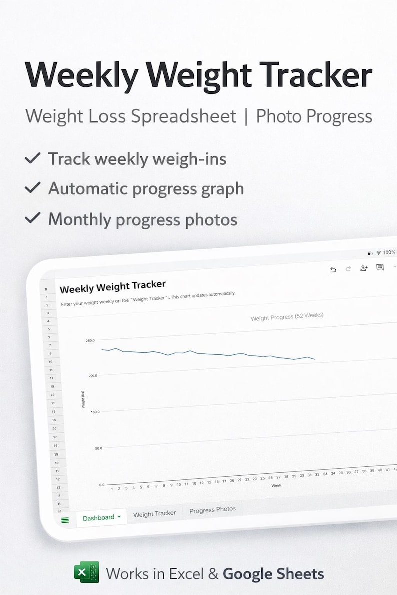 Weekly Weight Tracker Spreadsheet | Weight Loss Progress Chart ...