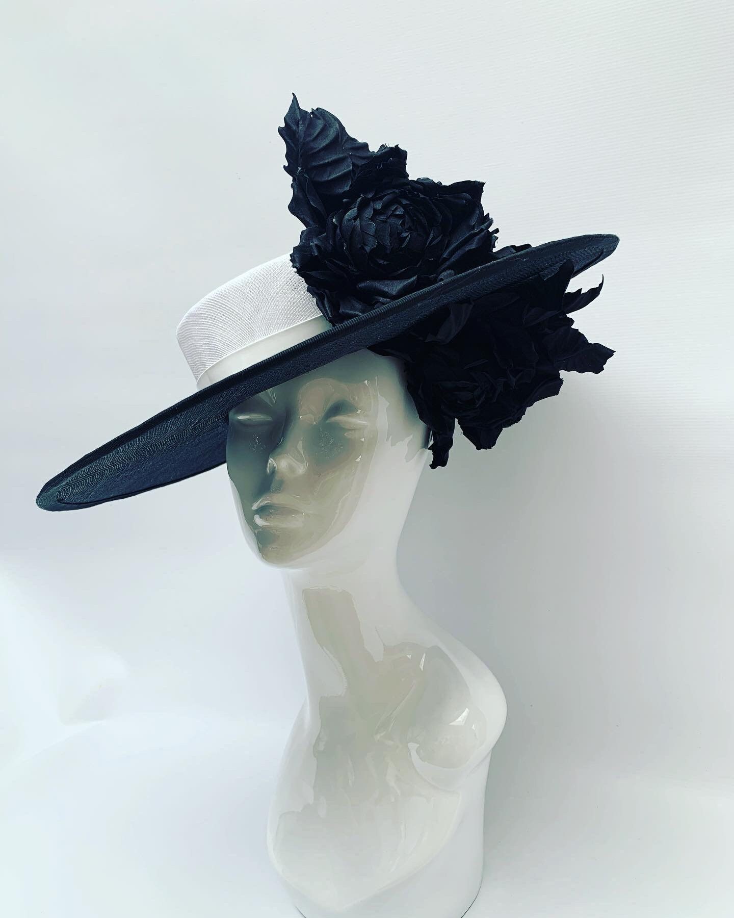 Stunning Black and White Boater With Silk Roses Perfect for Cheltenham ...