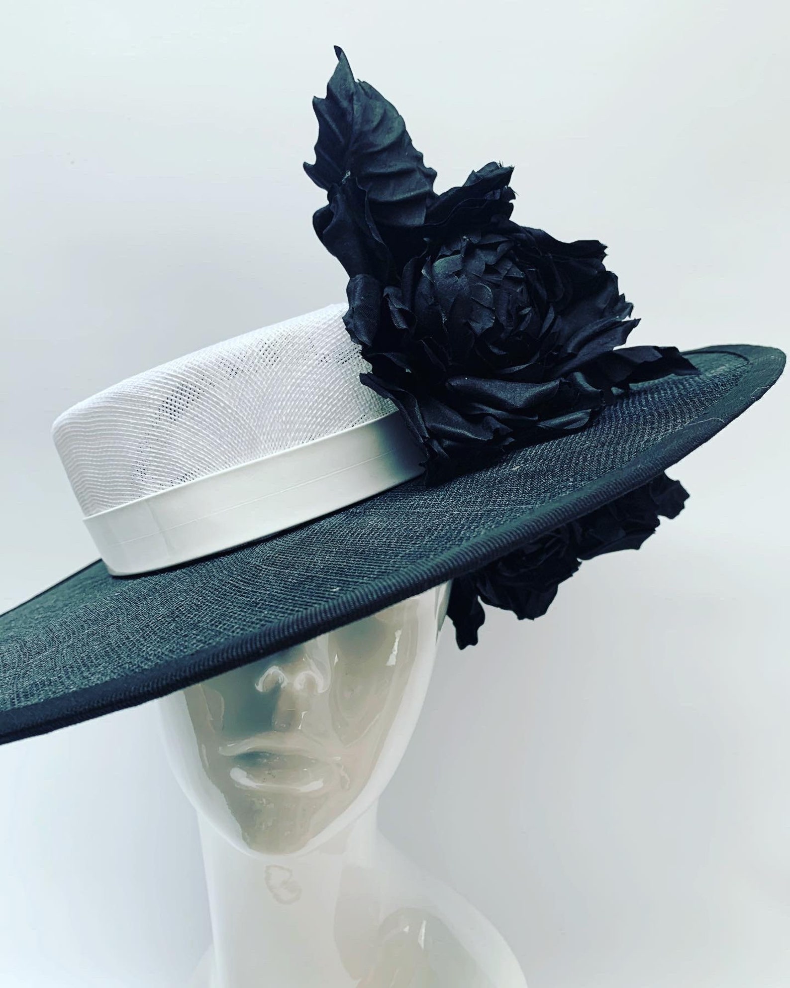 Stunning Black and White Boater With Silk Roses Perfect for Cheltenham ...
