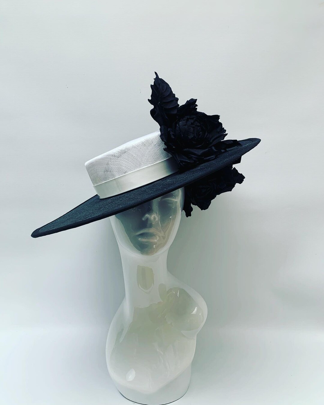 Stunning Black and White Boater With Silk Roses Perfect for Cheltenham ...