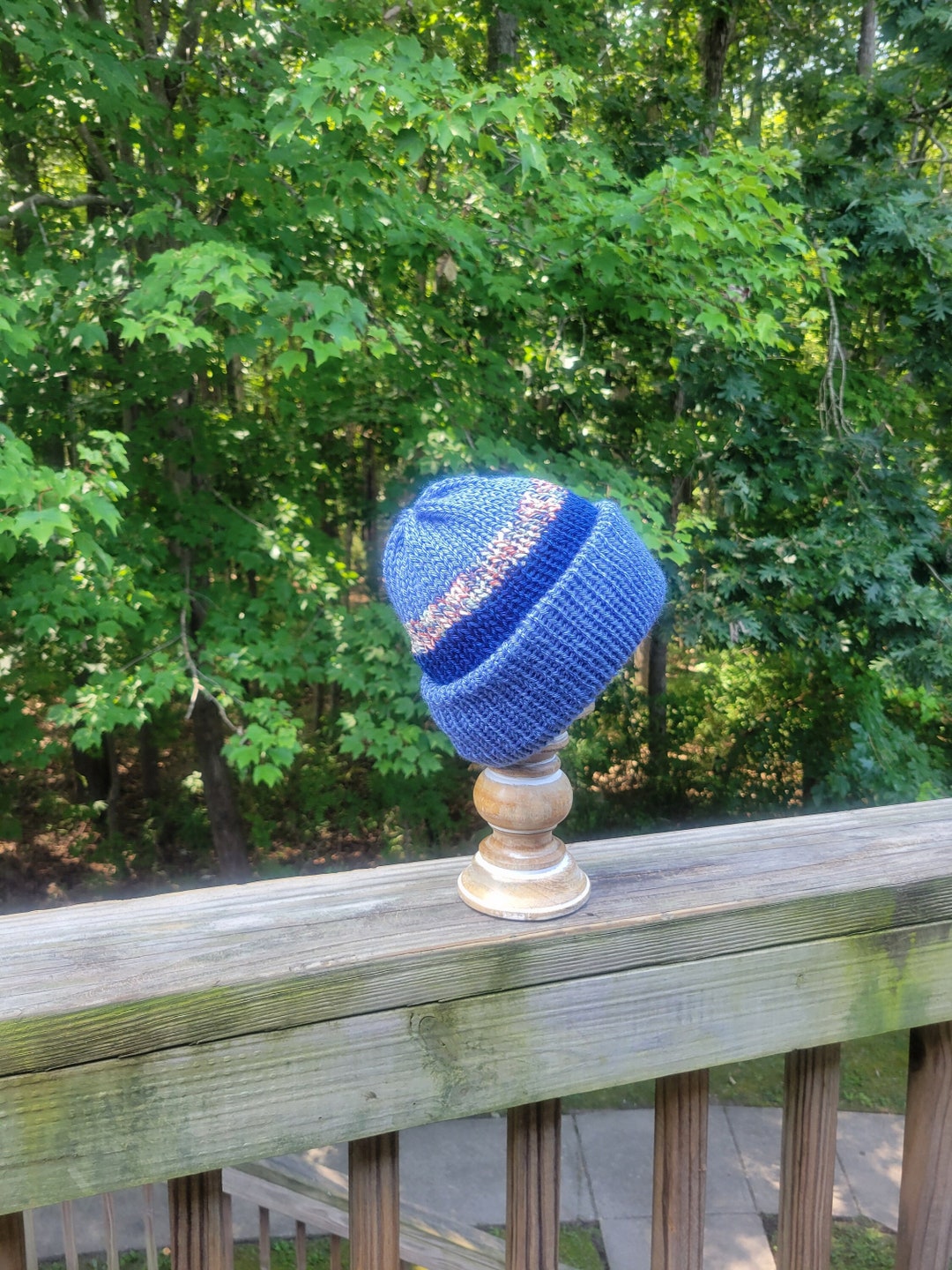 Handmade Medium Blue With Navy Blue and Blue/rust/green/tan Stripes ...