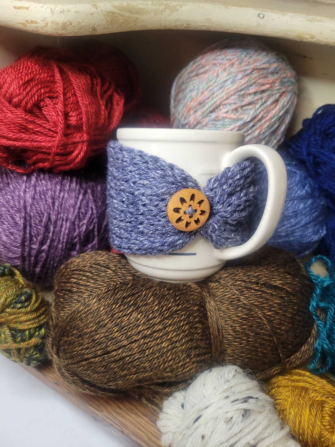 Handmade Knit Denim Blue Reusable Cup Cozy With Wooden Button, Cup ...