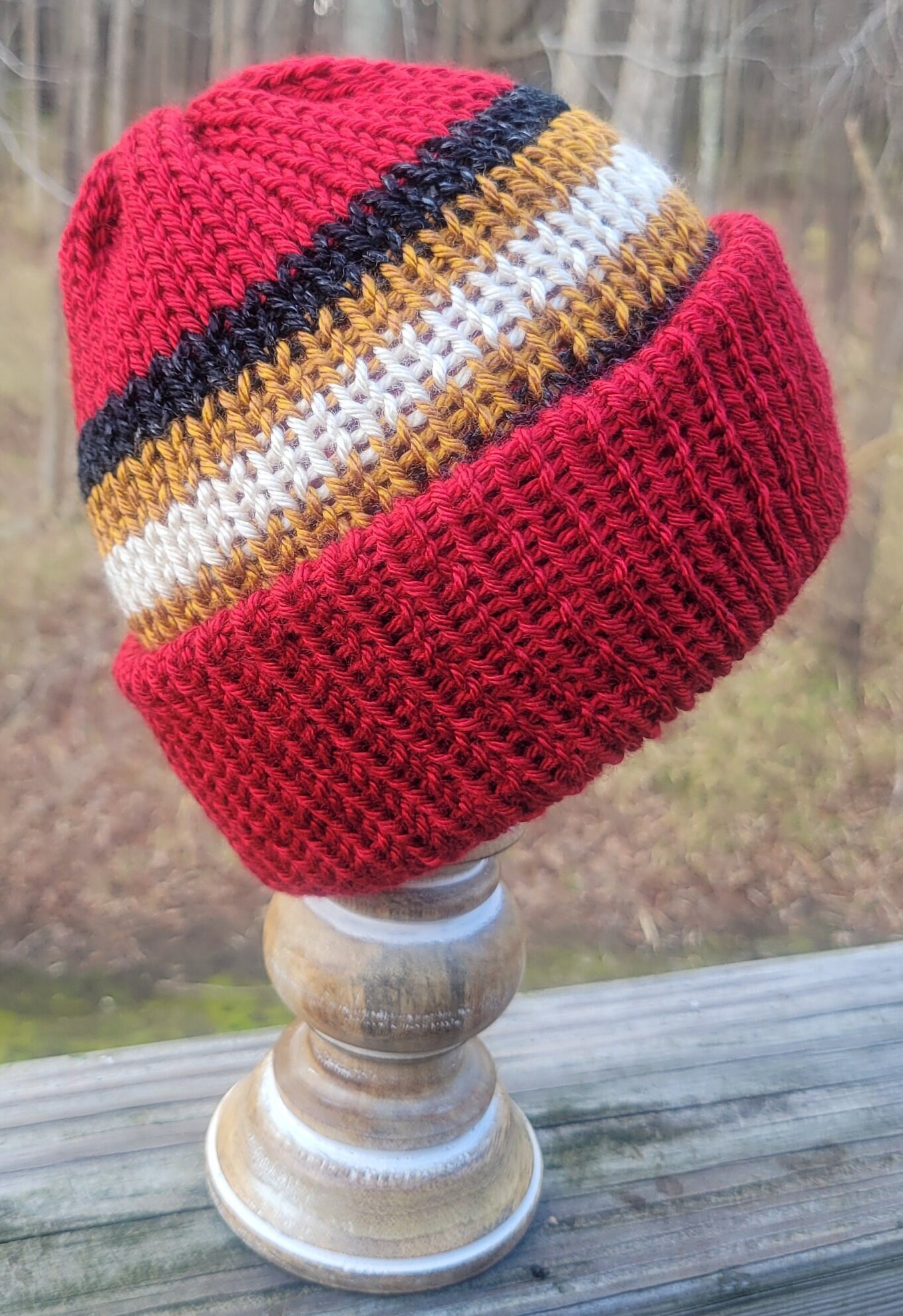 Handmade Knit Red With Two Black, Two Gold and One Beige Stripes Ladies ...