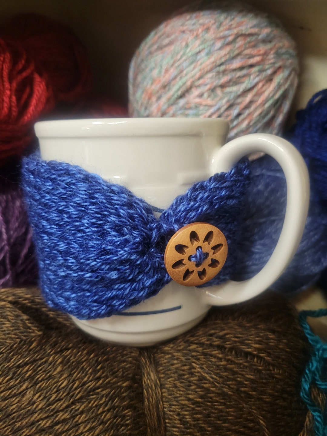 Handmade Knit Blue Reusable Cup Cozy With Wooden Button, Cup Sleeve ...