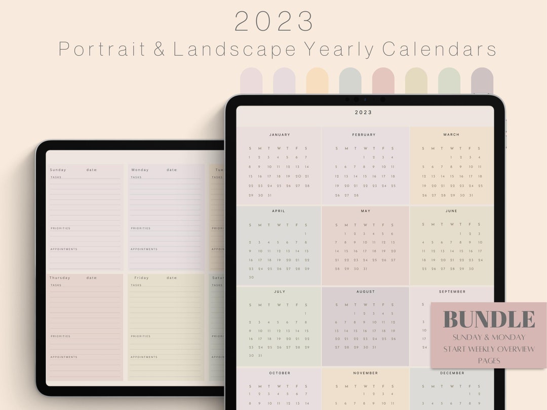 BUNDLE 2023 Digital Yearly Calendar With Weekly Overviews, Aesthetic ...