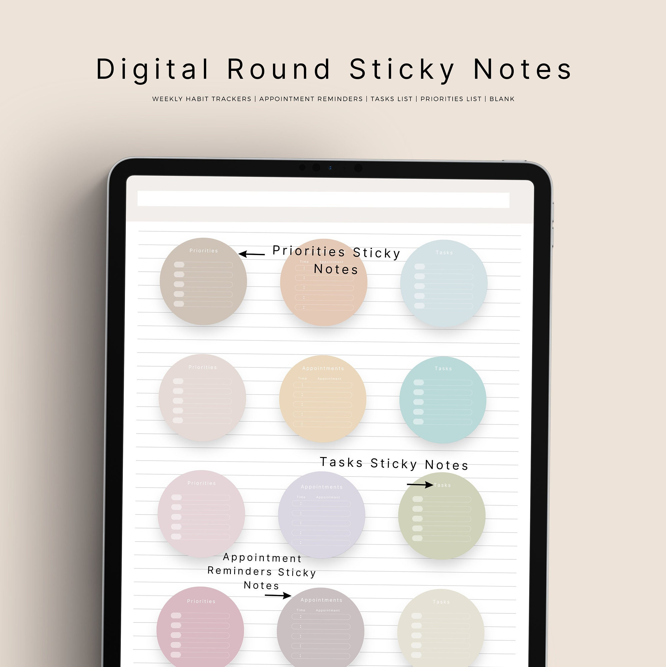 Digital Round Sticky Notes, Neutral Tones, Instant Digital Download ...