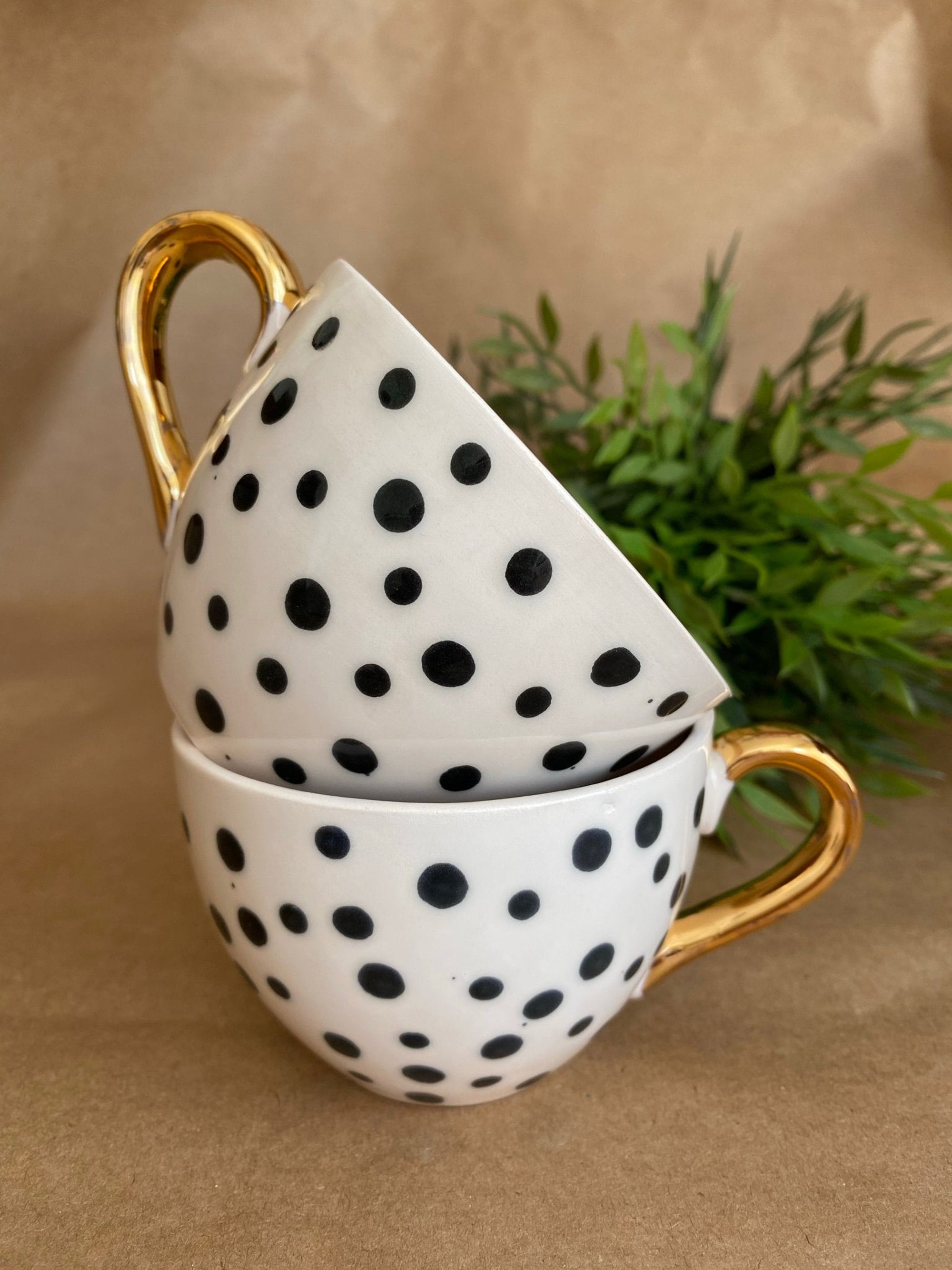Polka Dots Handmade Ceramic Mug/with Gold Plated Handle, Polka Dots ...