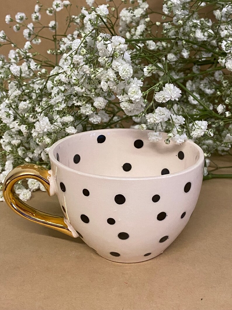 Polka Dots Handmade Ceramic Mug/with Gold Plated Handle, Polka Dots ...