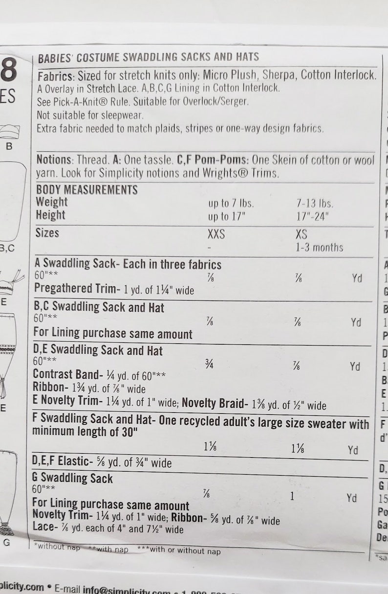 Simplicity Pattern 1898 Babies Costume Swaddling Sacks Hats Sewing XXS ...