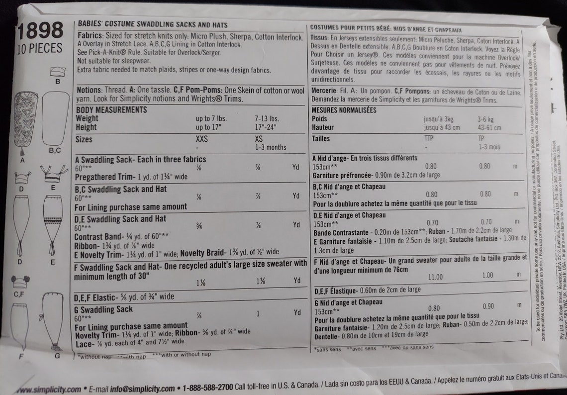 Simplicity Pattern 1898 Babies Costume Swaddling Sacks Hats - Etsy