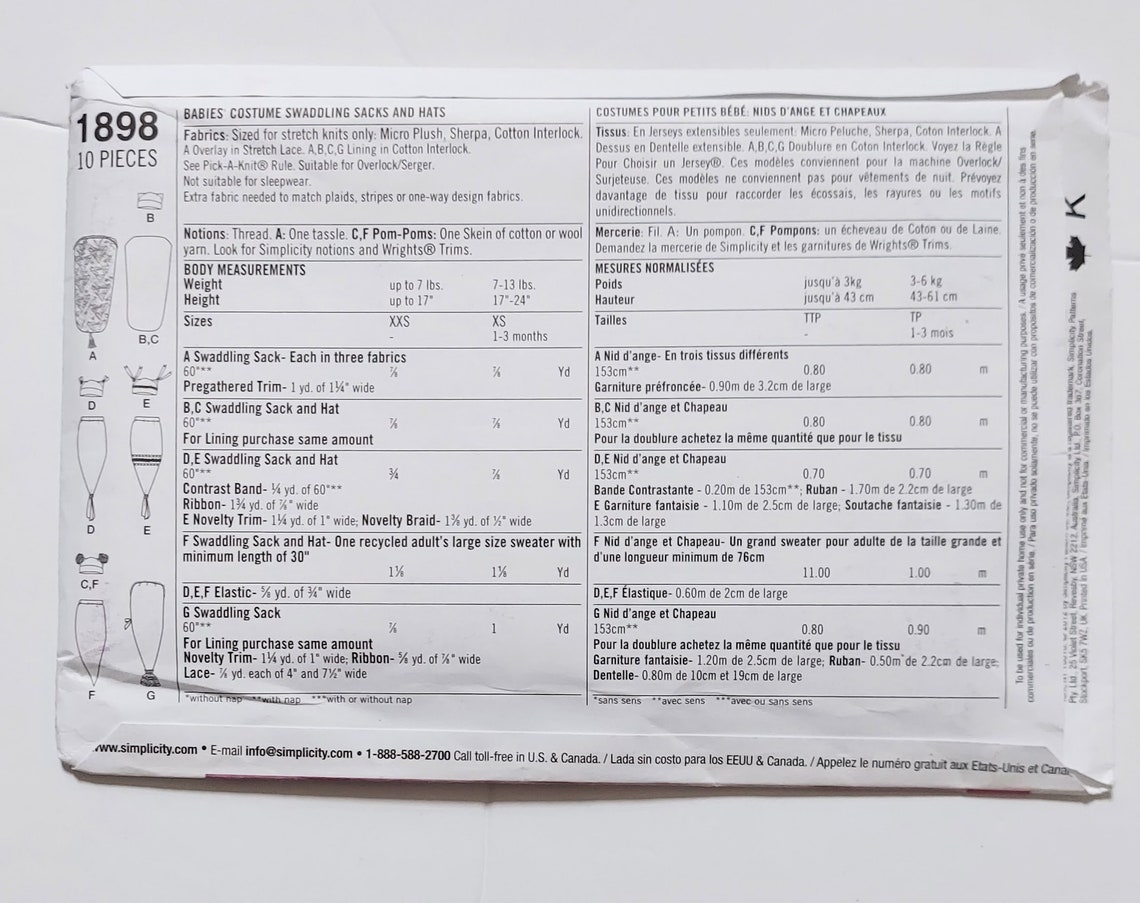 Simplicity Pattern 1898 Babies Costume Swaddling Sacks Hats Sewing XXS ...