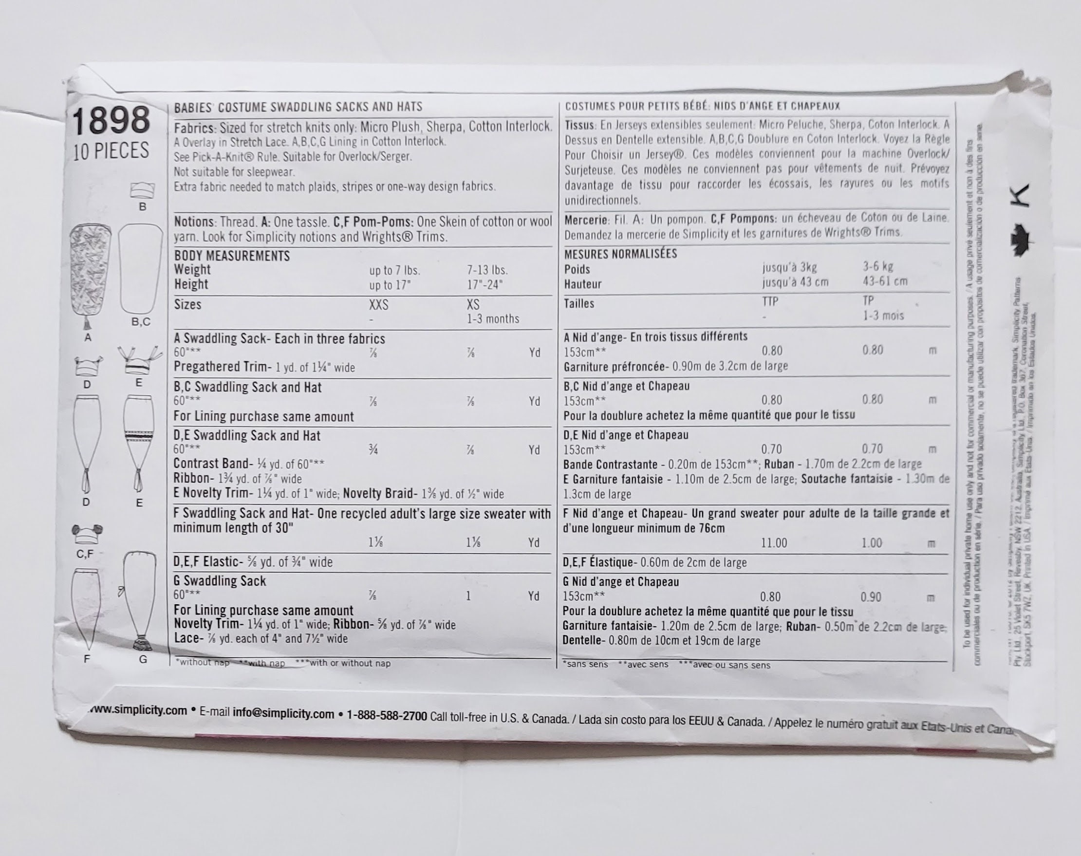 Simplicity Pattern 1898 Babies Costume Swaddling Sacks Hats Sewing XXS ...